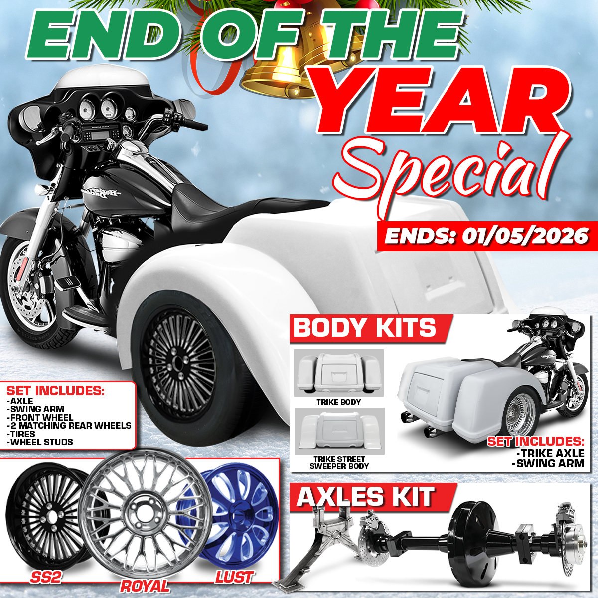 [SALE] Trike Billet Wheels + Trike Axle Body Kits + Axle Kit